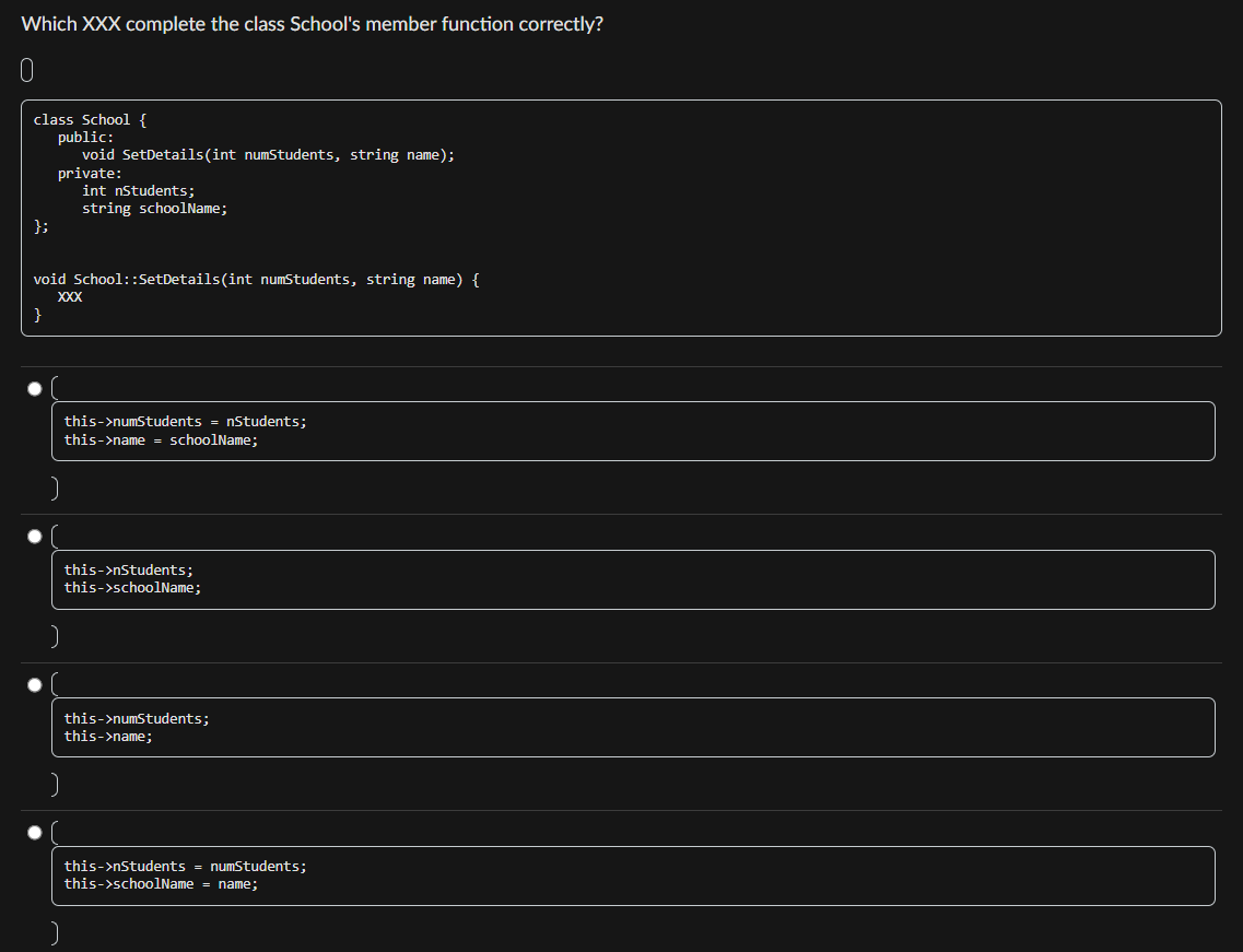 Solved Which XXX complete the class School's member function | Chegg.com