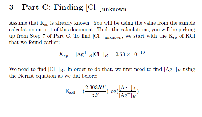 Solved 3 Part C: Finding (Cl-Junknown Assume that Ksp is | Chegg.com