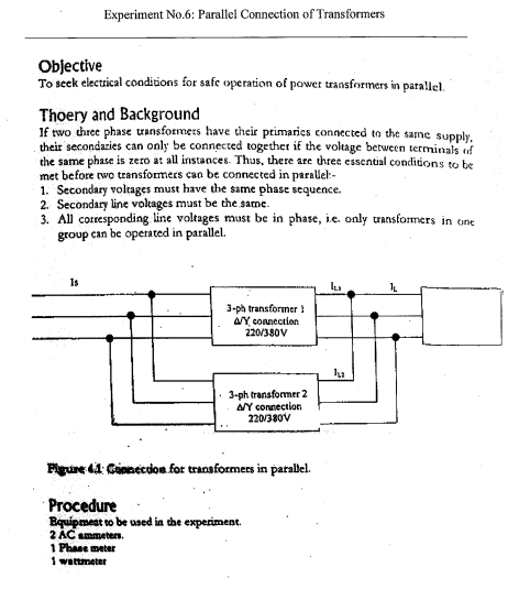Experiment No.6: Parallel Connection of Transformers | Chegg.com