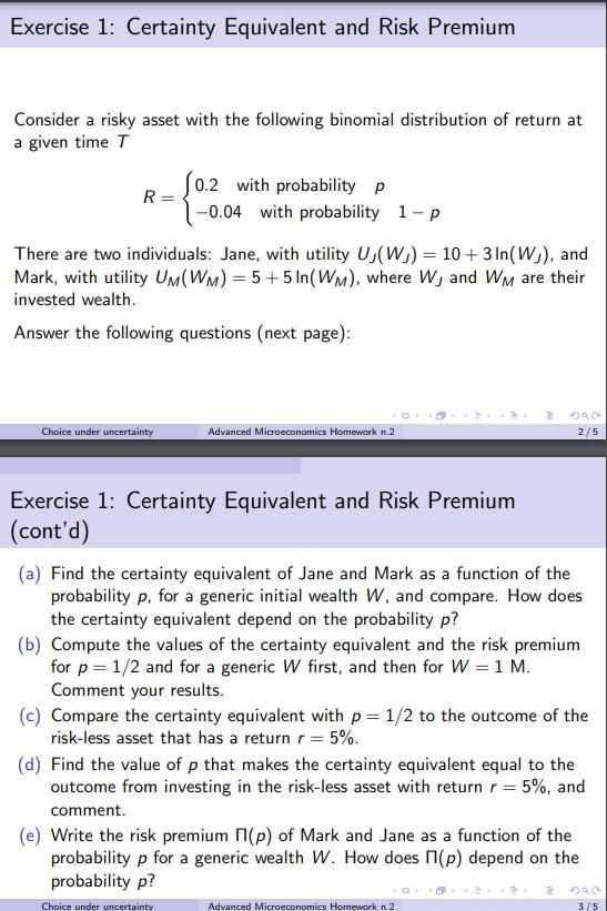 Solved Exercise 1: Certainty Equivalent and Risk Premium | Chegg.com