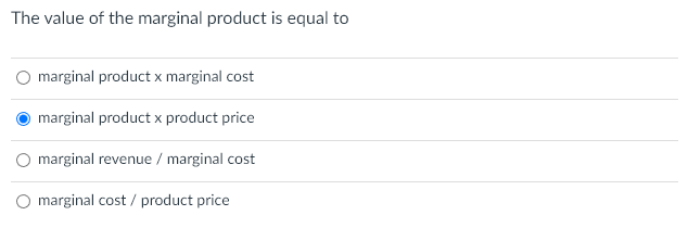 Solved The value of the marginal product is equal to | Chegg.com