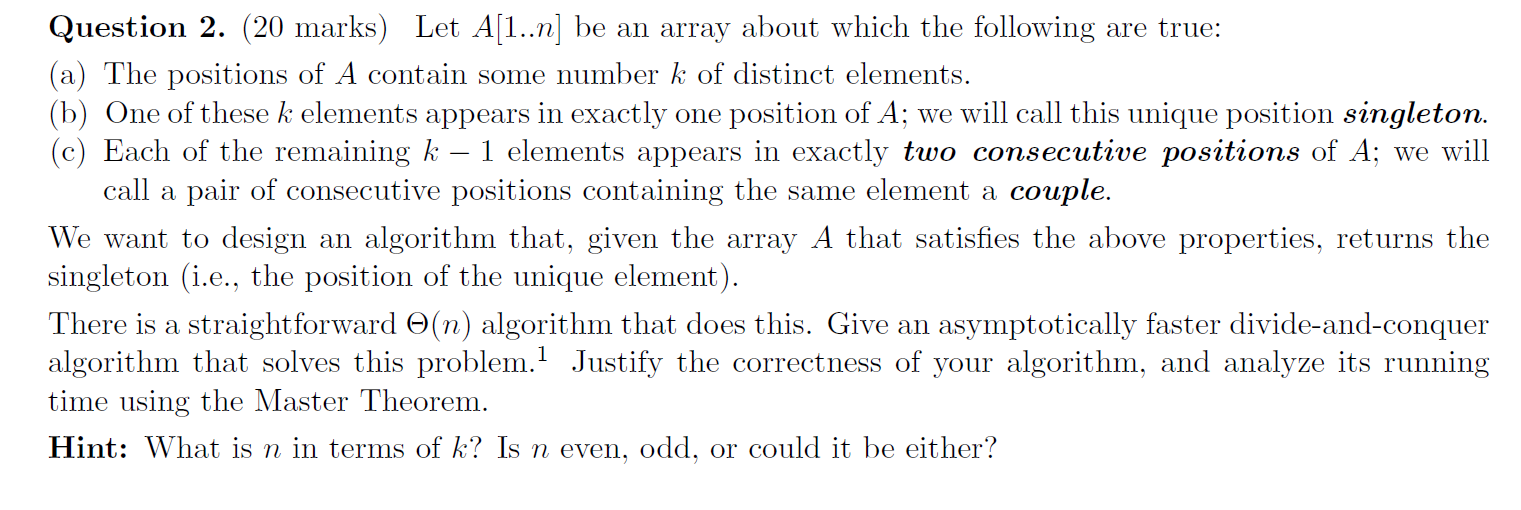 Solved Question 2. (20 ﻿marks) ﻿Let A[1..n] ﻿be an array | Chegg.com
