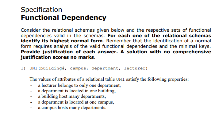 Solved Specification Functional Dependency Consider the | Chegg.com