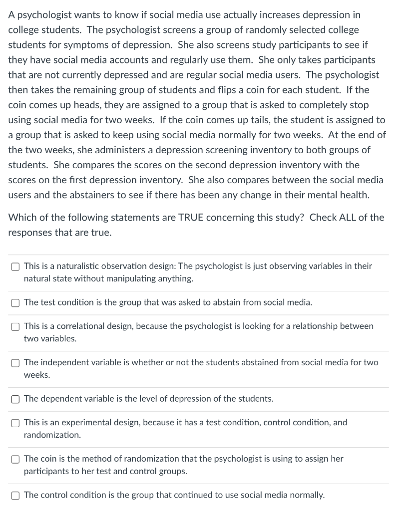 Solved A psychologist wants to know if social media use | Chegg.com