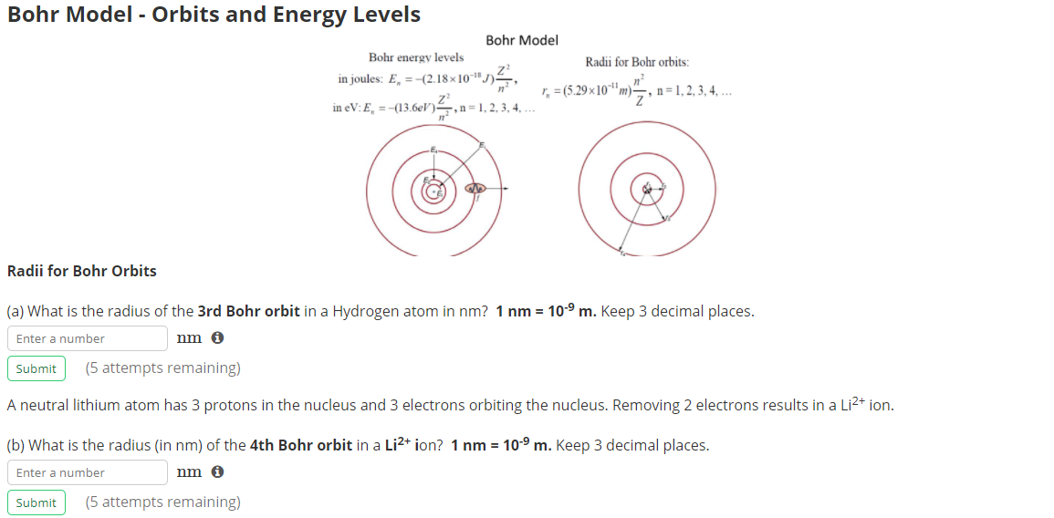 Solved Bohr Model - Orbits and Energy Levels Bohr Model Bohr | Chegg.com