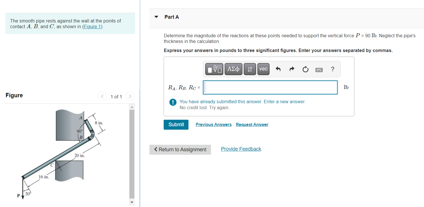 Solved The smooth pipe rests against the wall at the points | Chegg.com
