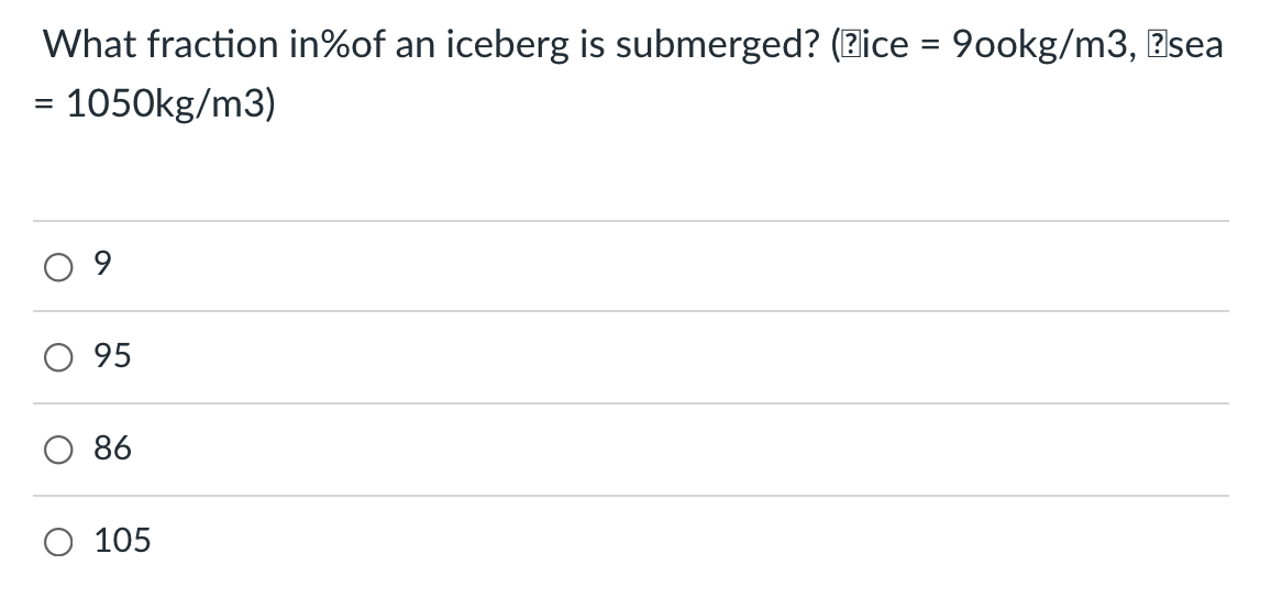Solved What fraction in%of an iceberg is submerged? (@ice = | Chegg.com