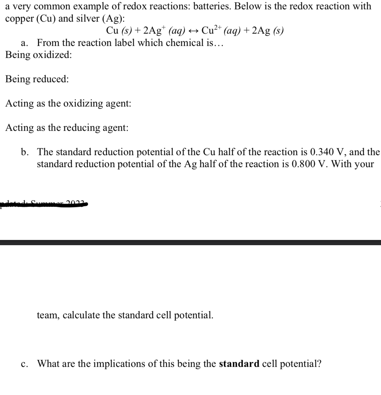 Solved a very common example of redox reactions: batteries. | Chegg.com