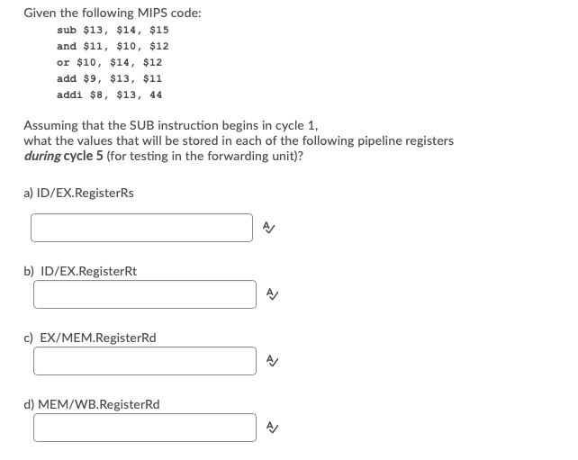 Given the following MIPS code: sub $13, $14, $15 and | Chegg.com