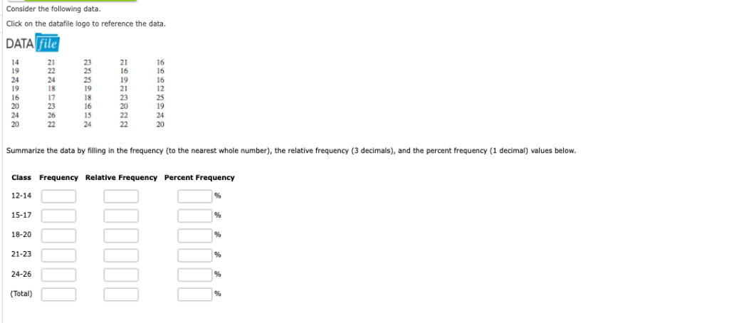 Solved Consider the following data. Click on the datafile | Chegg.com
