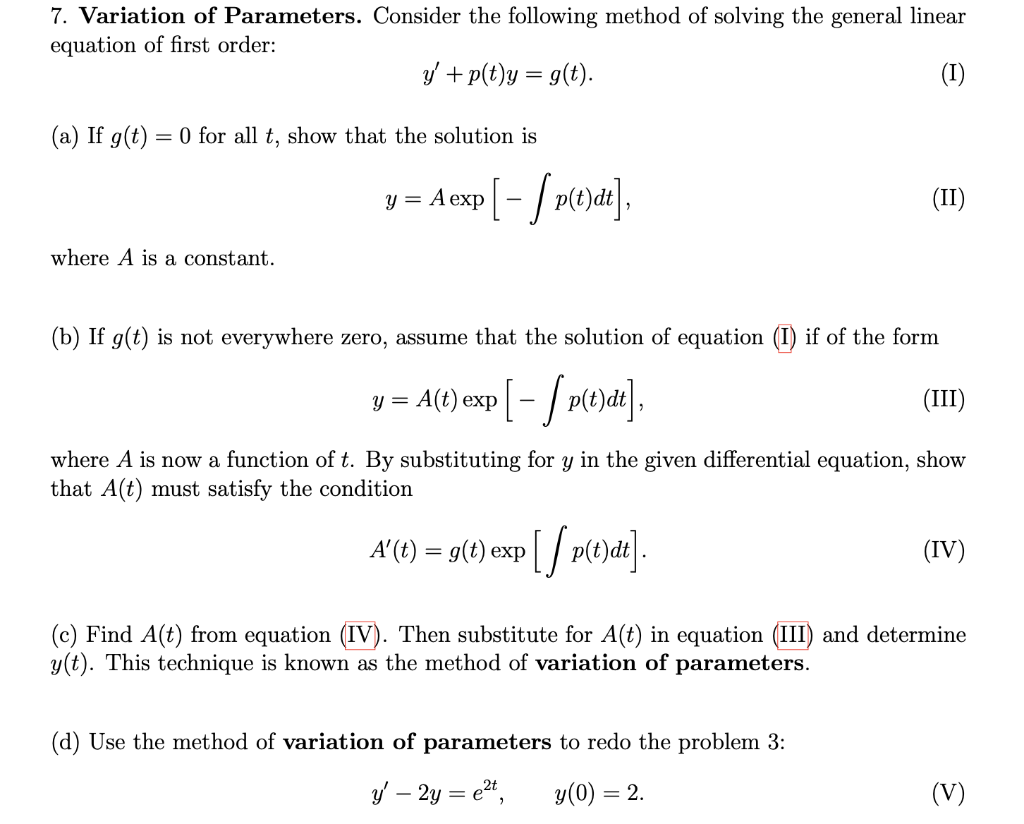 Solved 7. Variation of Parameters. Consider the following | Chegg.com