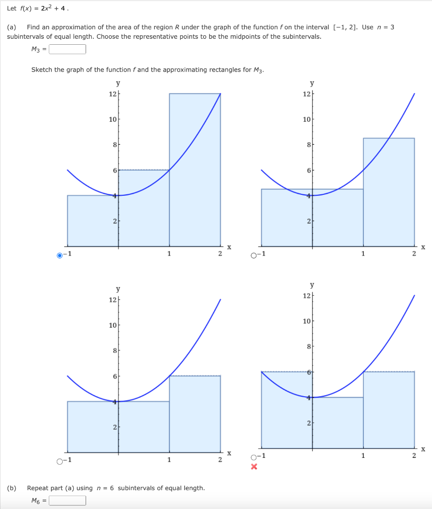 Solved Let f(x)=2x2+4. (a) Find an approximation of the area | Chegg.com