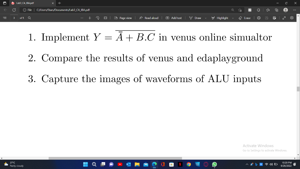 Solved 1. Implement Y=Aˉ+B.C in venus online simualtor 2. | Chegg.com