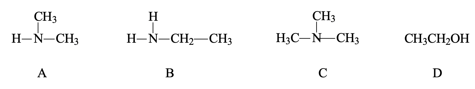 Solved H CH3 CH3 1 H-N-CH3 H-N-CH2-CH3 H3C-NCH3 CH3CH2OH A B | Chegg.com