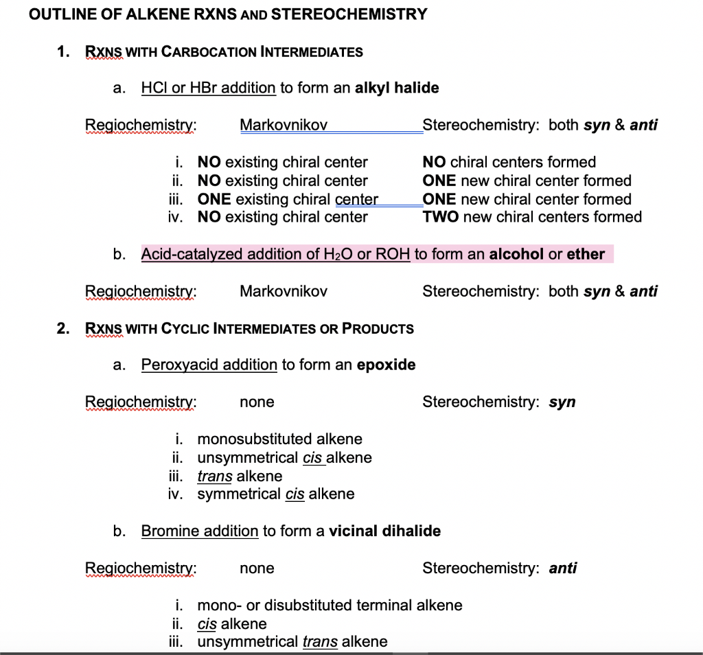 Solved OUTLINE OF ALKENE RXNS AND STEREOCHEMISTRY 1. RXNS | Chegg.com