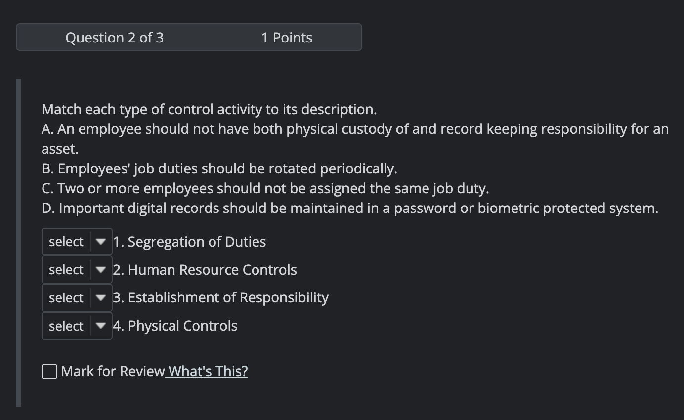 Solved Question 2 of 3 1 Points Match each type of control | Chegg.com