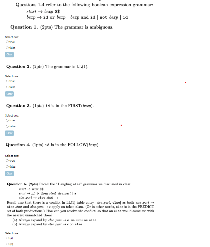 Solved false Question 2. (2pts) The grammar is LL(1). Select | Chegg.com Solved false Question 2. (2pts) The grammar is LL(1). Select | Chegg.com