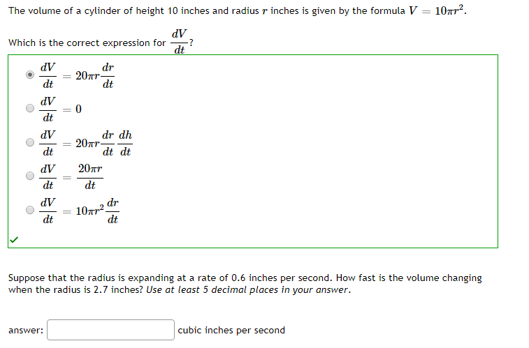 Solved The volume of a cylinder of height 10 inches and | Chegg.com