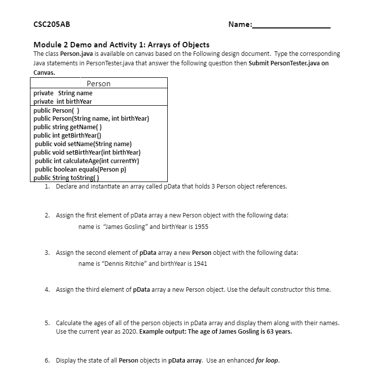 Solved CSC205AB Name: Module 2 Demo and Activity 1: Arrays | Chegg.com