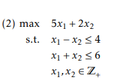 Solved (2) max5x1+2x2 s.t. x1−x2≤4x1+x2≤6x1,x2∈Z+ | Chegg.com