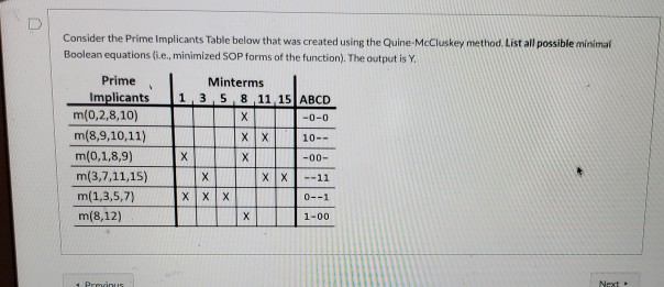 Solved Consider the Prime Implicants Table below that was | Chegg.com
