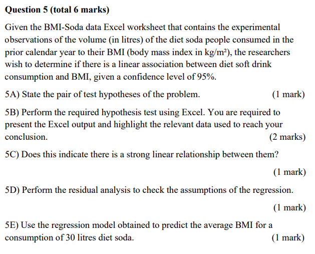 Solved Given the BMI-Soda data Excel worksheet that contains | Chegg.com