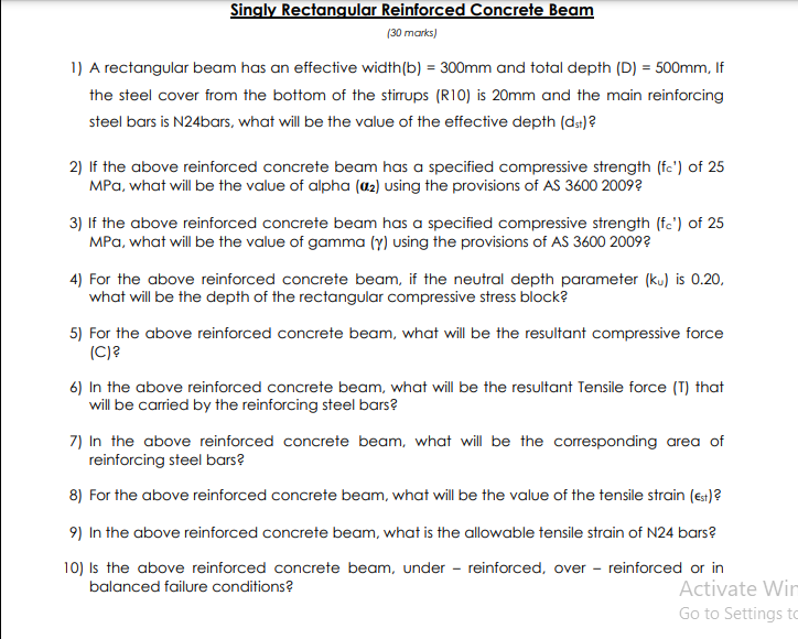 Solved Singly Rectangular Reinforced Concrete Beam (30 | Chegg.com