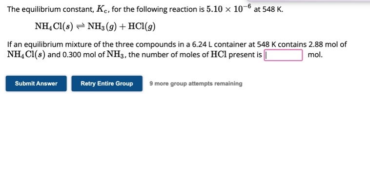 Solved The equilibrium constant, Kc, for the following | Chegg.com