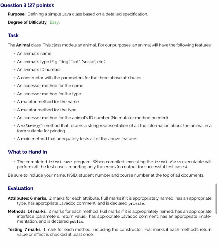 Solved Purpose: Defining a simple Java class based on a | Chegg.com
