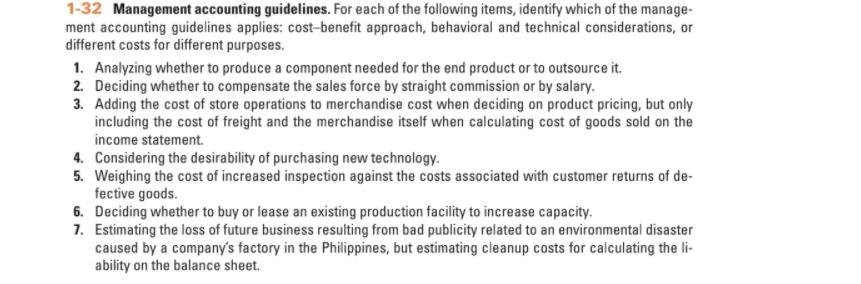 Solved 1-32 Management accounting guidelines. For each of | Chegg.com