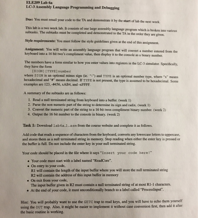Solved ELE209 Lab 6a LC-3 Assembly Language Programming and | Chegg.com