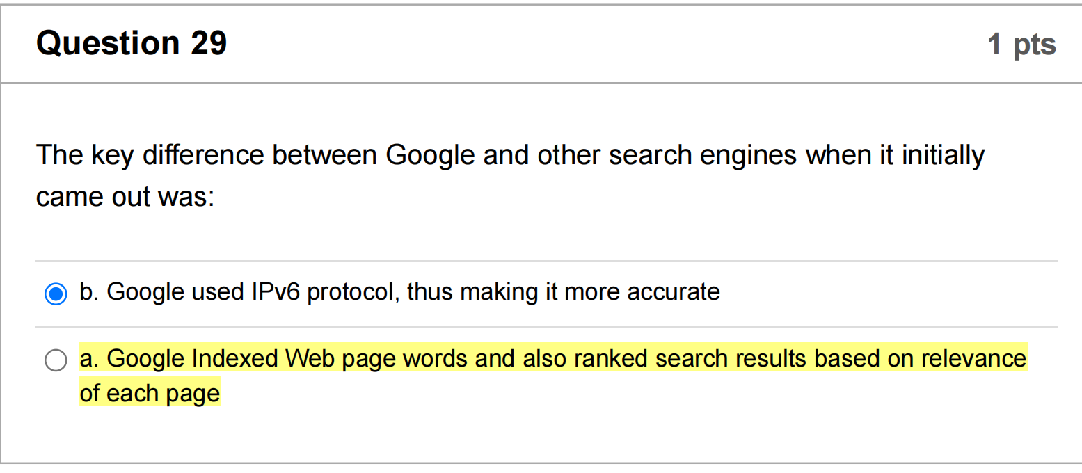 Solved Question 29 1 pts The key difference between Google | Chegg.com
