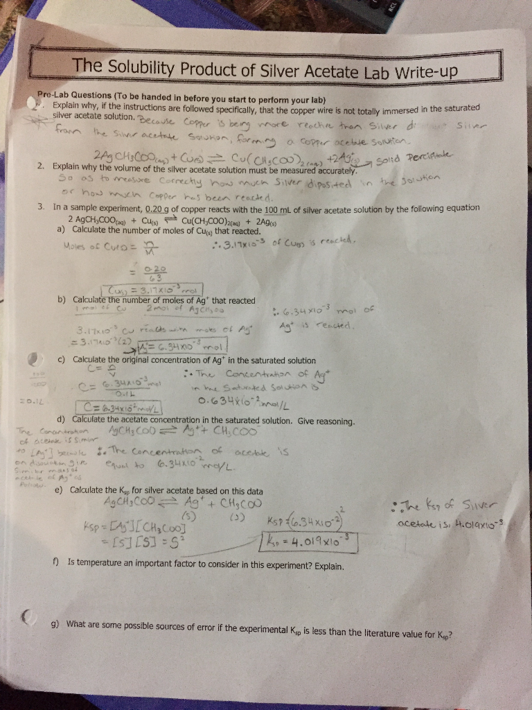 Solved The Solubility Product of Silver Acetate Lab Write-up | Chegg.com