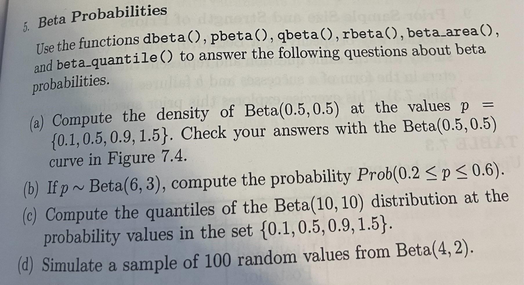Solved 5. Beta Probabilities Use the functions dbeta(), | Chegg.com