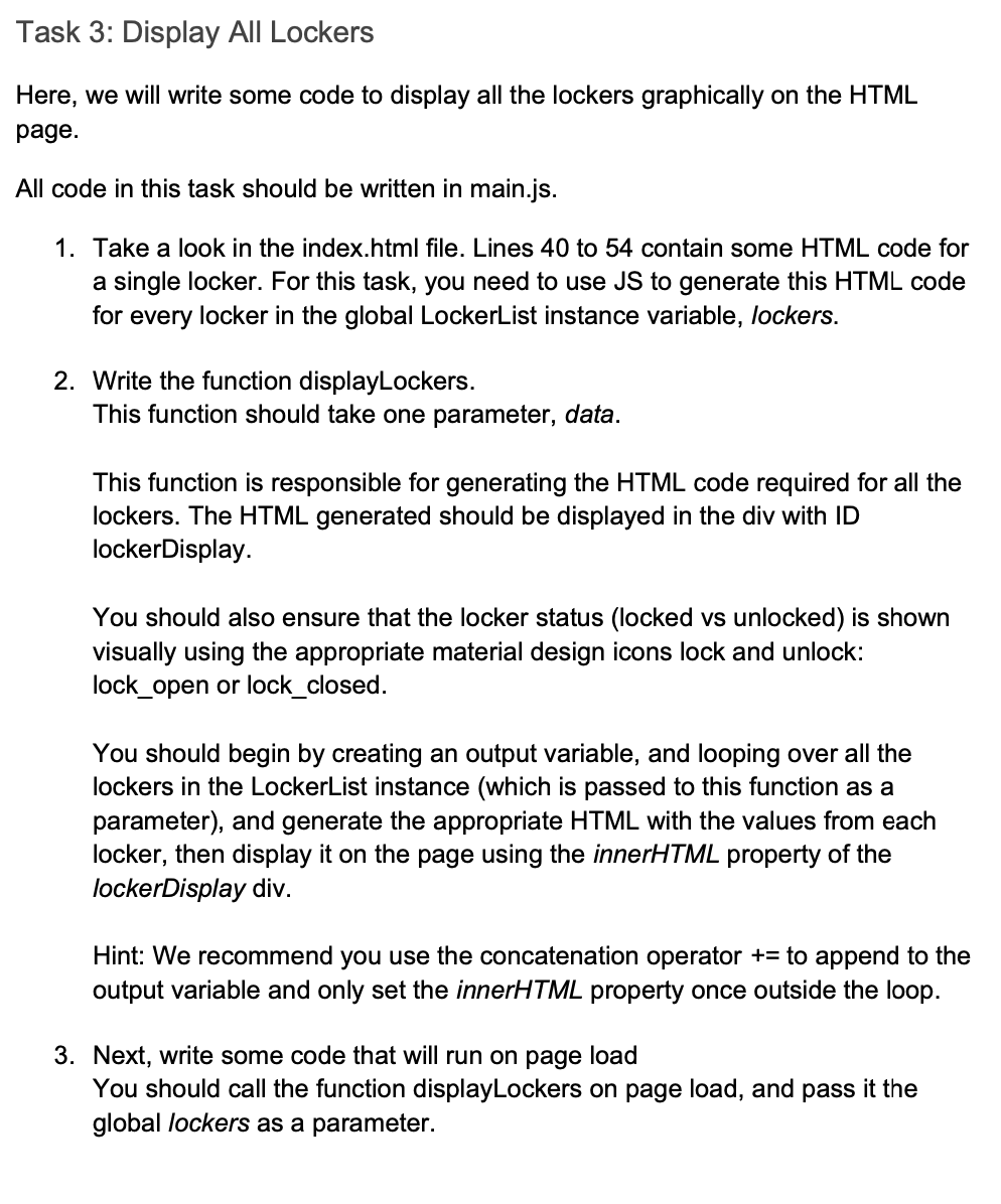 Task 3: Display All Lockers Here, we will write some | Chegg.com