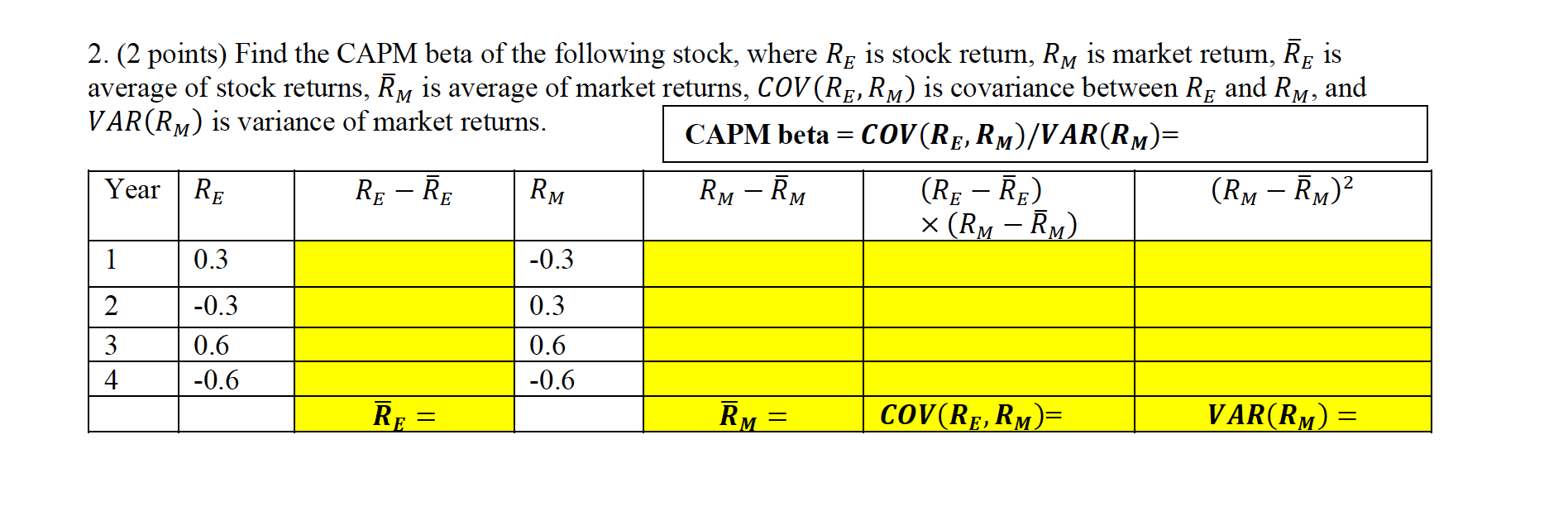 Solved 2. (2 points) Find the CAPM beta of the following | Chegg.com