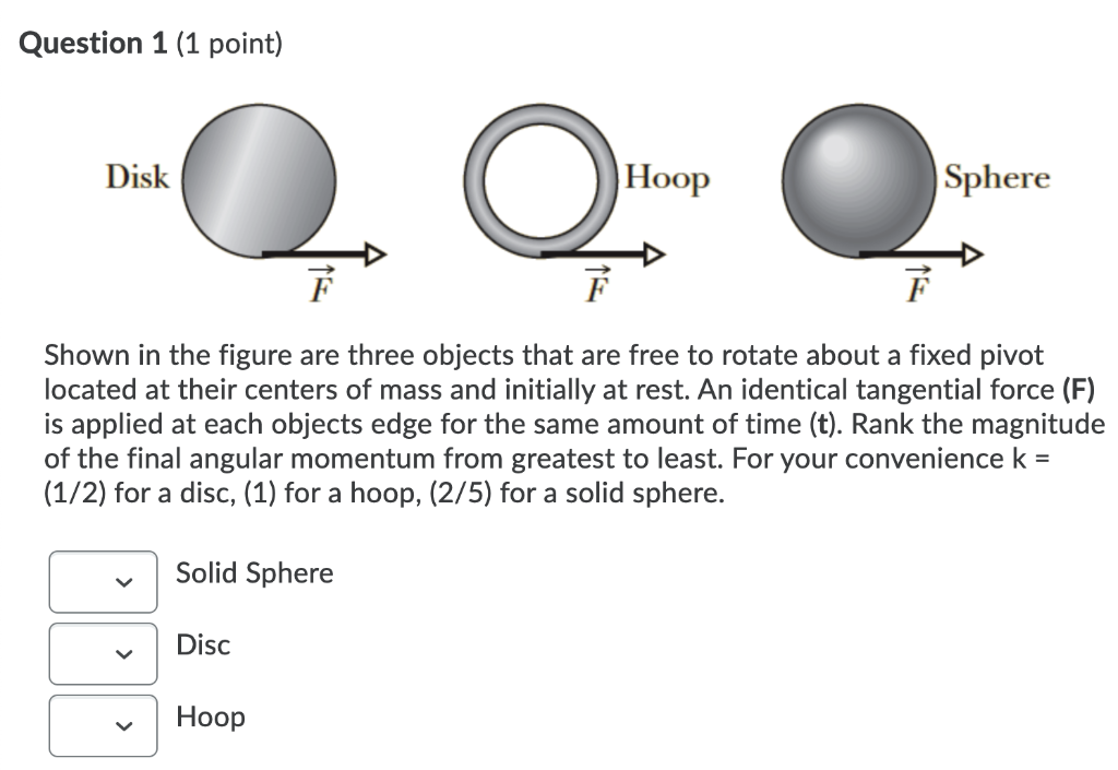 Solved Question 1 (1 point) Disk O Hoop Sphere F F F Shown | Chegg.com