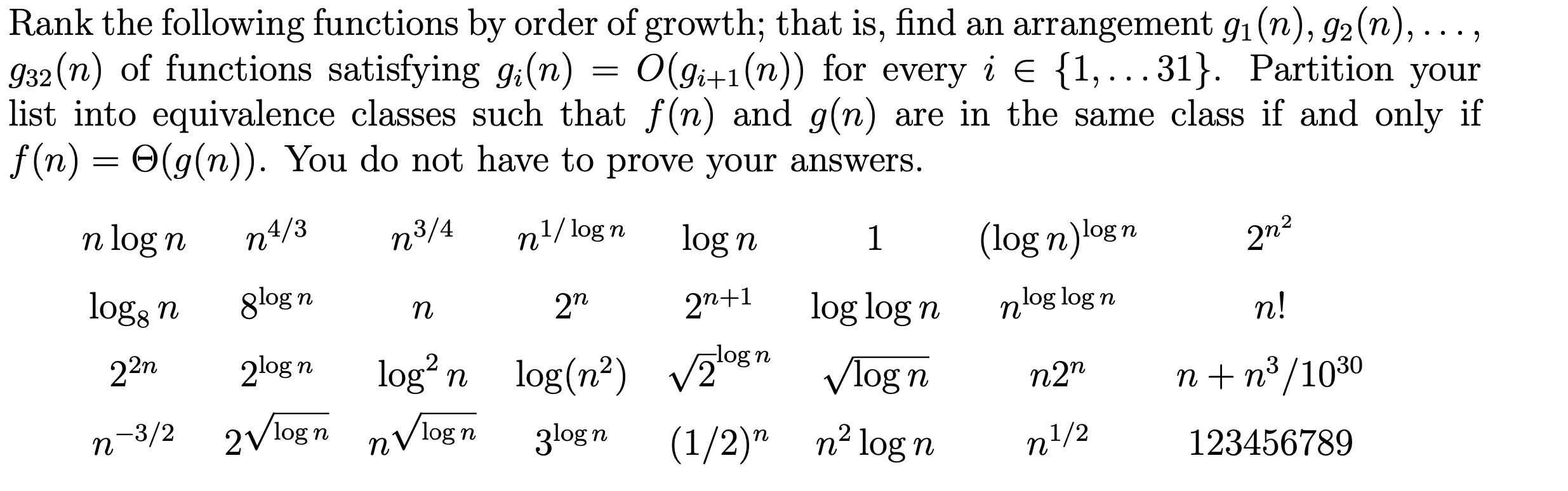 Solved = = Rank the following functions by order of growth; | Chegg.com