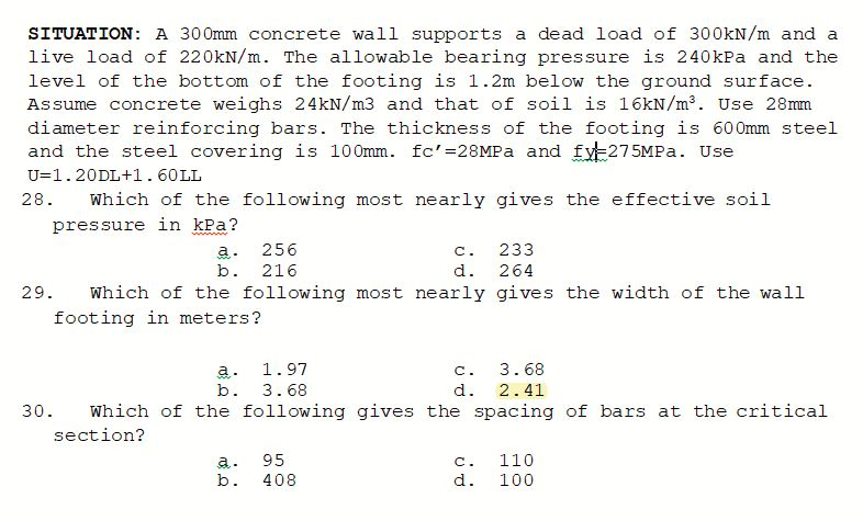 Solved SITUATION: A 300mm concrete wall supports a dead load | Chegg.com