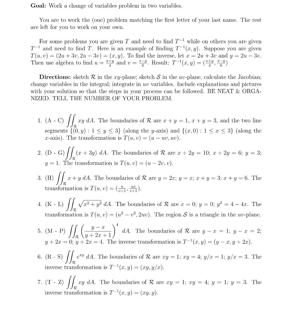 Solved Goal: Work a change of variables problem in two | Chegg.com