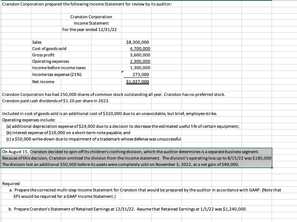 [Solved]: Cranston Corporation prepared the following Inco