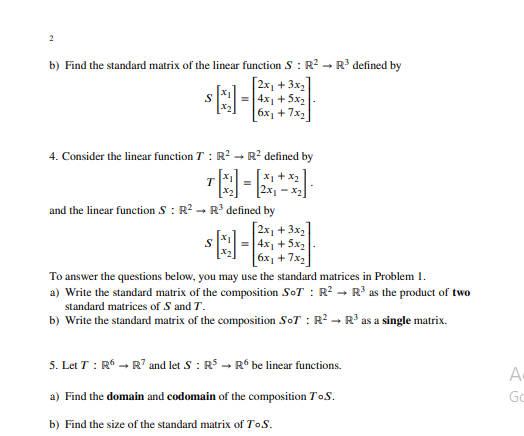 Solved b) Find the standard matrix of the linear function | Chegg.com