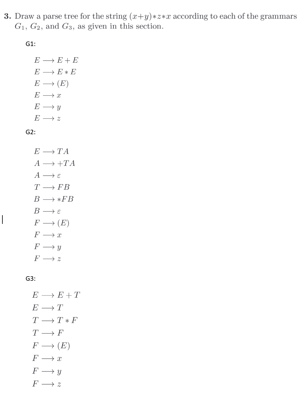 Solved 3. Draw a parse tree for the string (x+y)*Z*X | Chegg.com