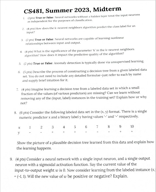Solved Cs481 Summer 2023 Midterm 1 2pts True Or False