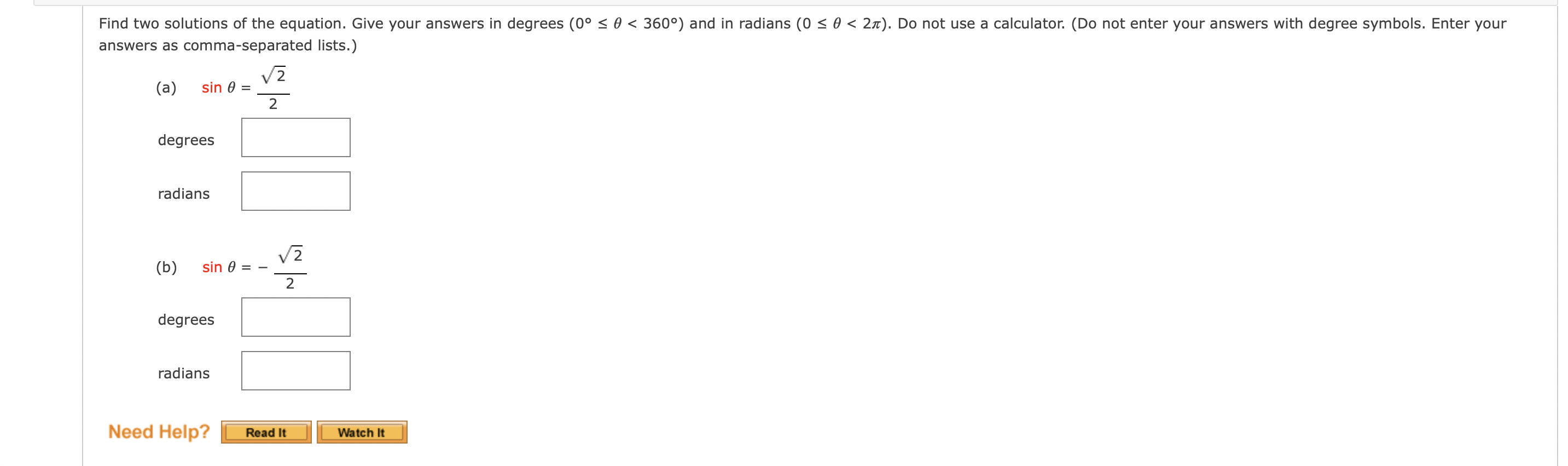 Solved answers as comma-separated lists.) (a) sinθ=22 | Chegg.com