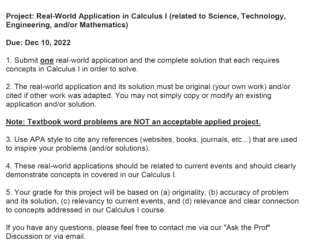 Solved Project: Real-World Application in Calculus I | Chegg.com