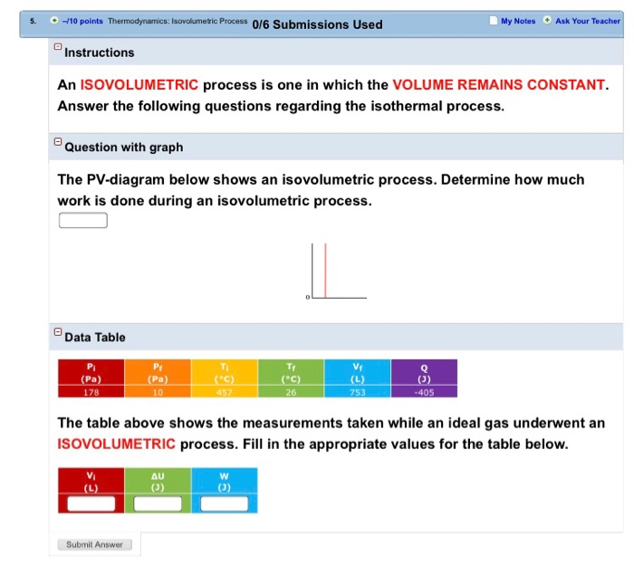 Solved 5. -10 points s: Isovolumetric Process 0/6 | Chegg.com