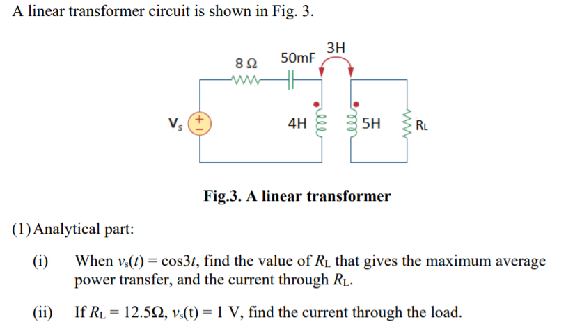 Solved A linear transformer circuit is shown in Fig. 3. 3H | Chegg.com