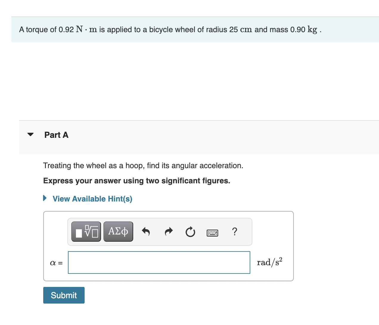 Solved A torque of 0.92N*m ﻿is applied to a bicycle wheel of | Chegg.com
