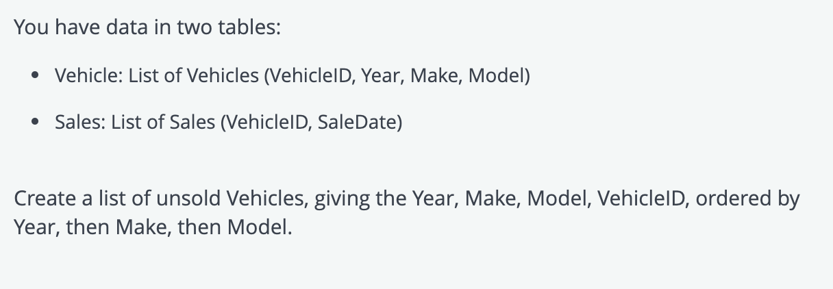 Solved You have data in two tables: • Vehicle: List of | Chegg.com